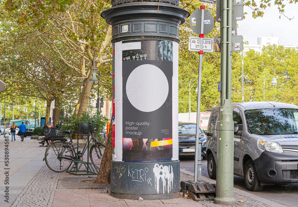 Street Glued Outdoor Poster on Wall Mockup Stock Template | Adobe Stock
