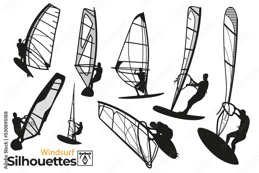 Isolated group of windsurfing silhouettes. Stock Vector | Adobe Stock