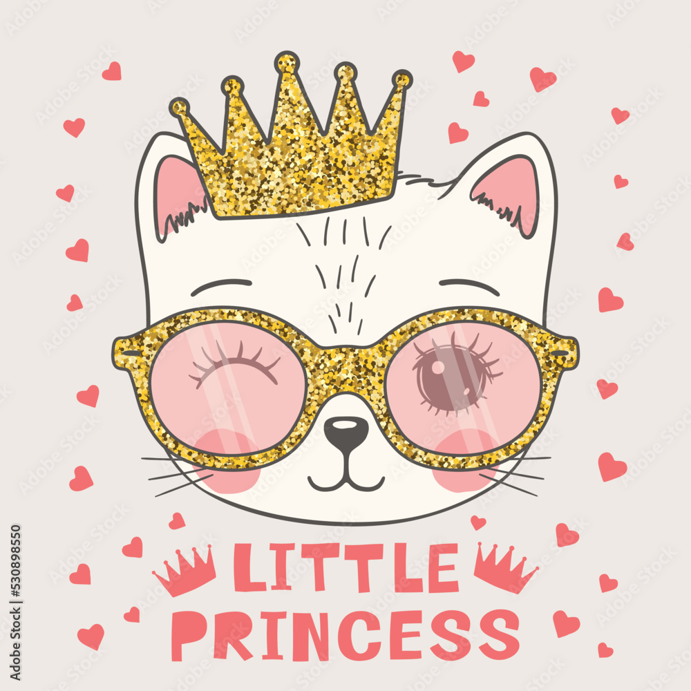 Little Princess. Cute cat girl face with crown, glittering sunglasses ...