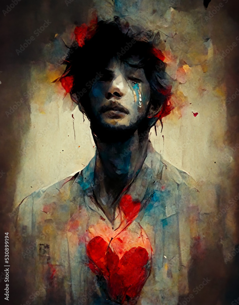 Portrait of man crying with tears and red heart on his chest. Sadness ...