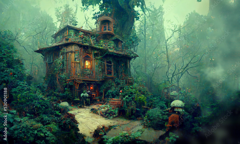 Magical fantasy scenery of tree house at night in a forest background ...
