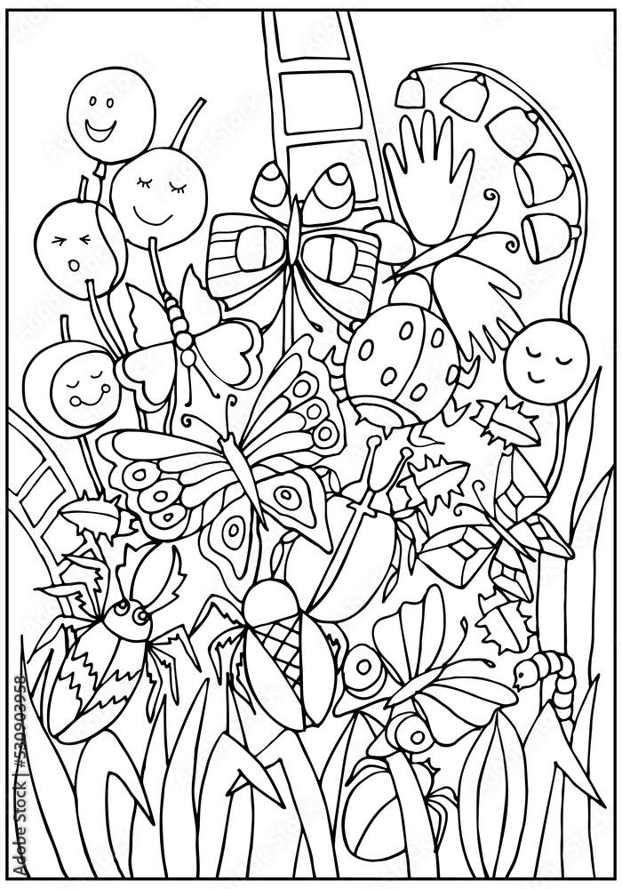 Coloring page with butterflies and beetles for kids. Meadow. Hand drawn ...