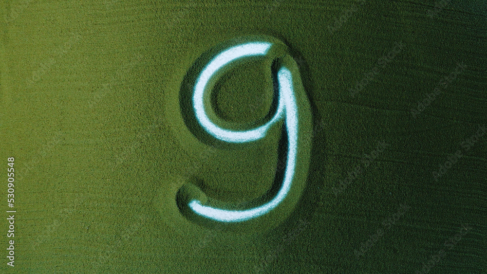 Hand drawing Number Nine 9 Symbol in the Green Sand. Male hand writes a ...