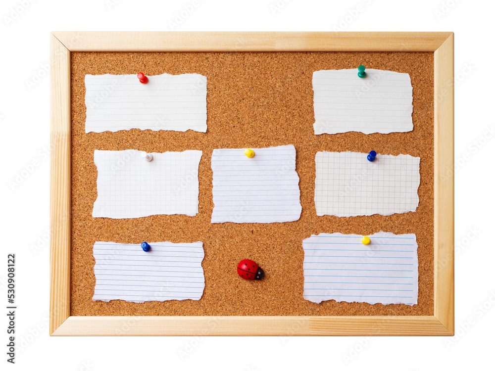 Cork note board with wooden frame with push pins with various blank ...