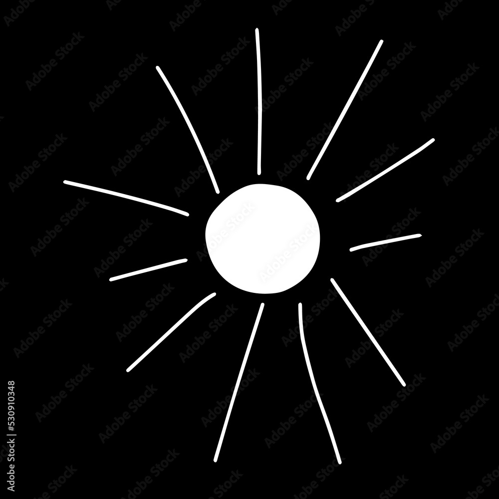 Vector black outline illustration of a white sun isolated on a black ...