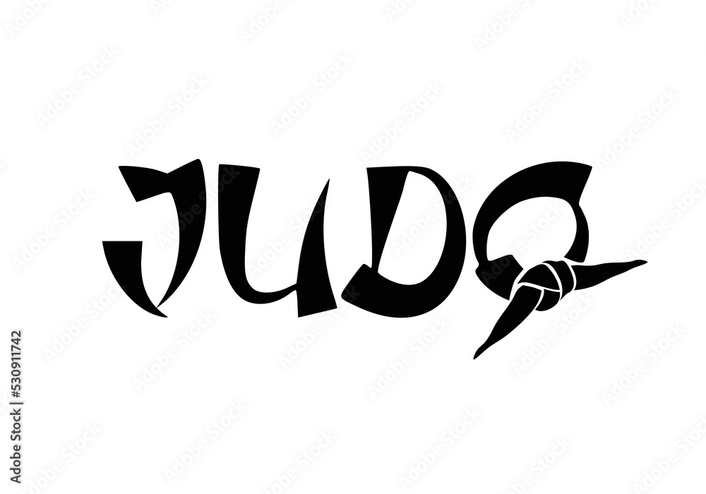 Judo stylized font on white background. Black belt. Judo logo, label ...
