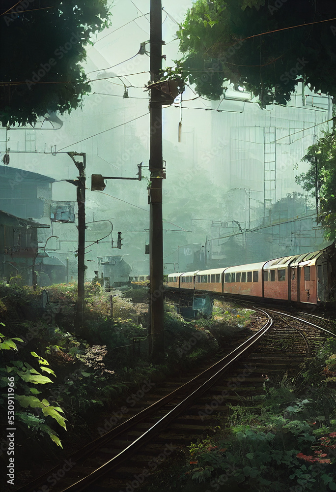 ภาพประกอบสต็อก Anime style illustration of an abanded overgrown railway ...