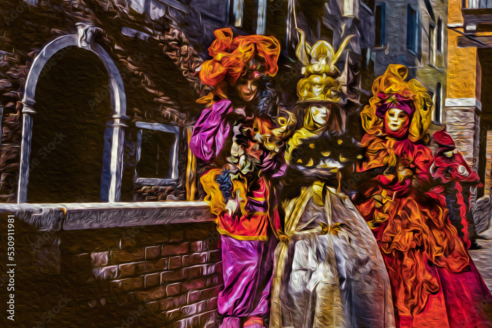 Carnival revelers wearing colorful costumes with masks at the Carnival ...