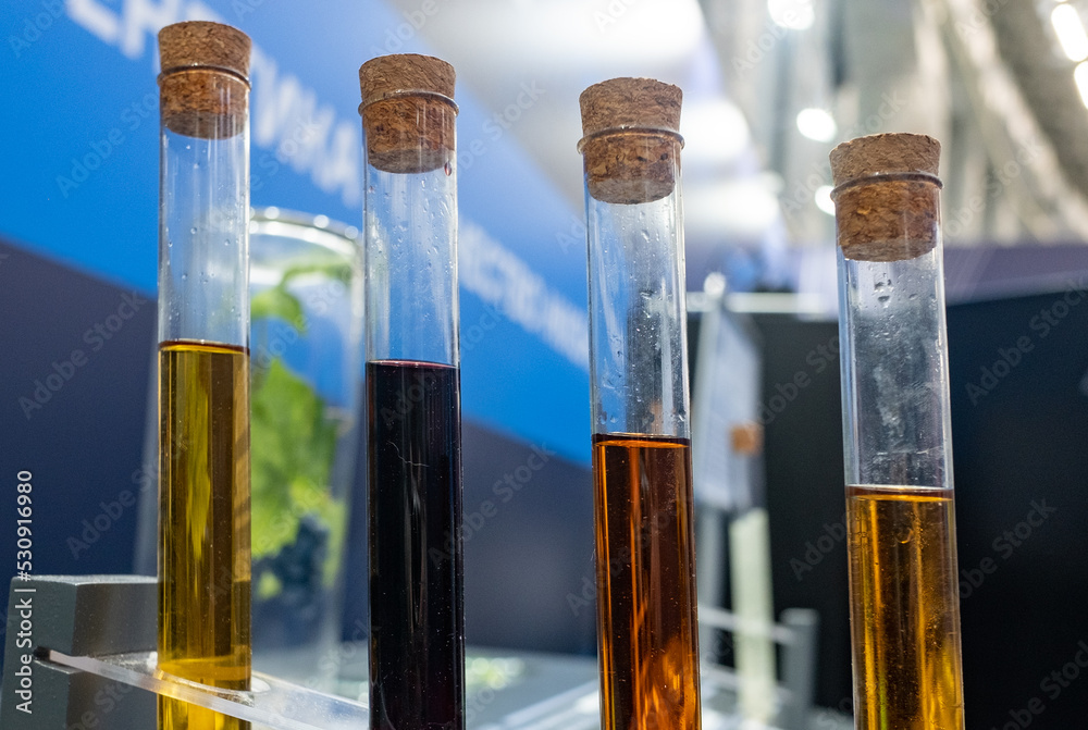 Four glass test tubes with multi-colored liquid inside in the ...