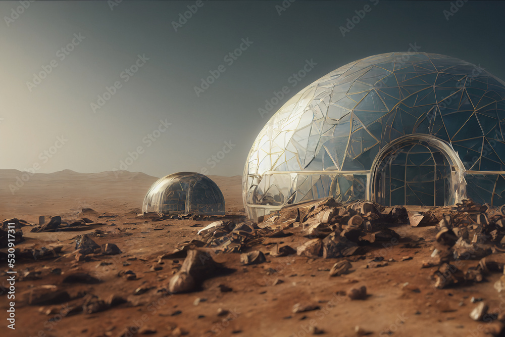 Shattered glass domes at destroyed colony on Mars. Martian greenhouse ...