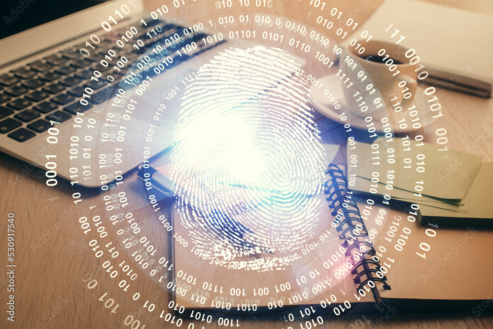 Double exposure of fingerprint drawing and desktop with coffee and ...