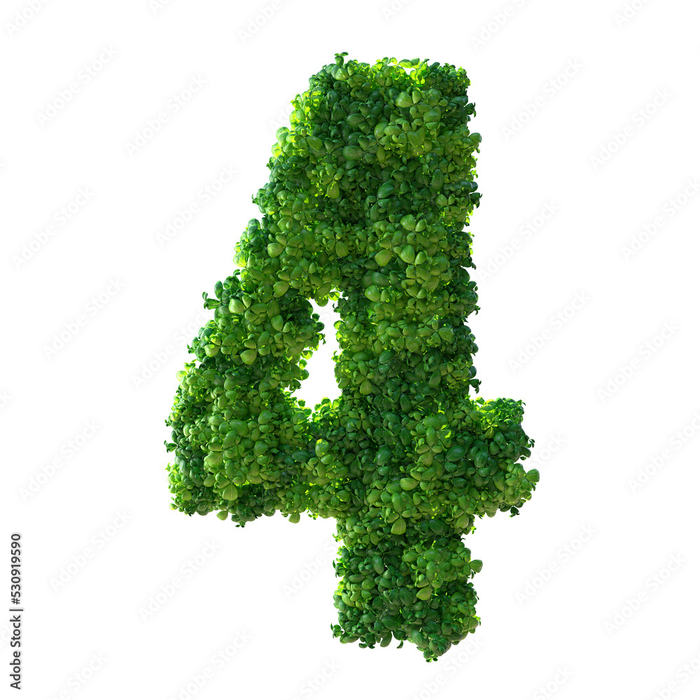 Number 4, Alphabet. Green plant number isolated with Clipping Path. 3d ...
