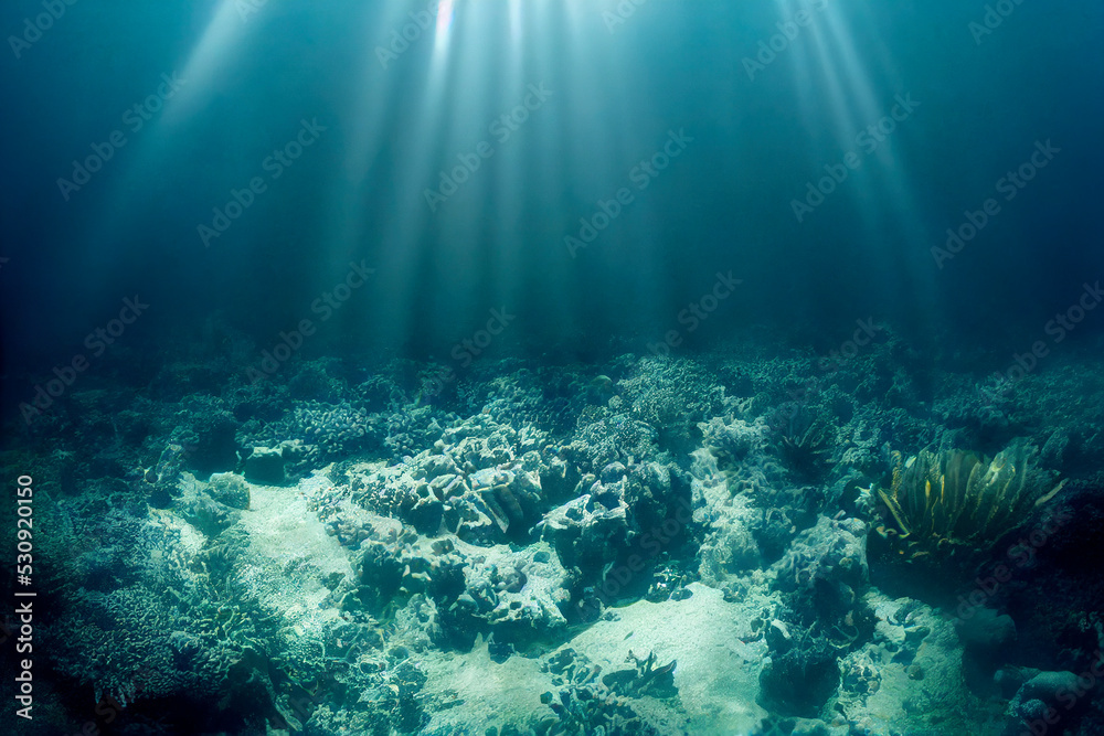 Seascape, air bubbles underwater sea and blue sky with cloud, split ...