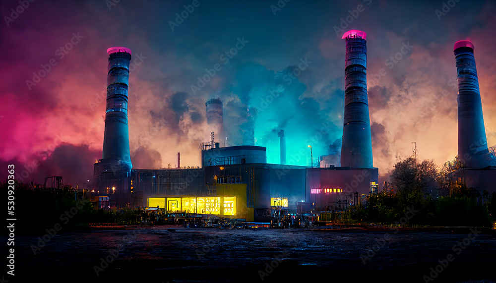 A colorful lit chemicals factory at night, with colourful neon lights ...