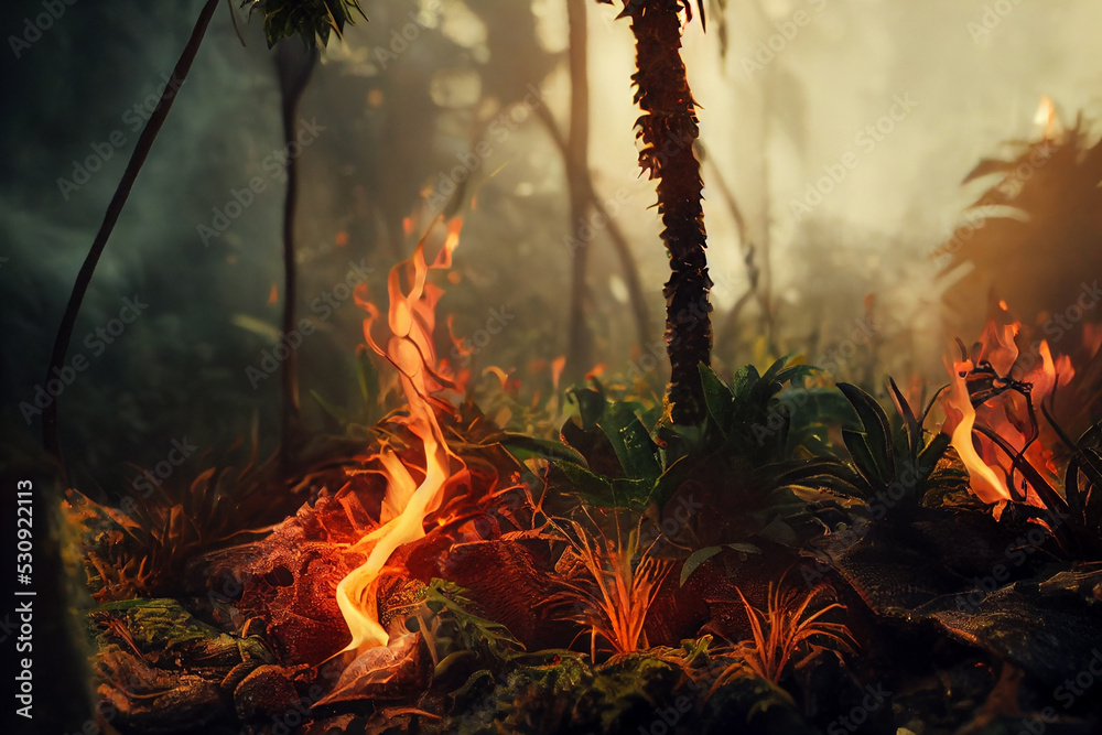 Jungle fire, rose flower focus burn. Global Warming, Photorealist 3d ...