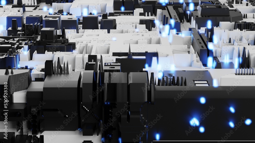 Black-white futuristic circuit technology with blue LED point light ...