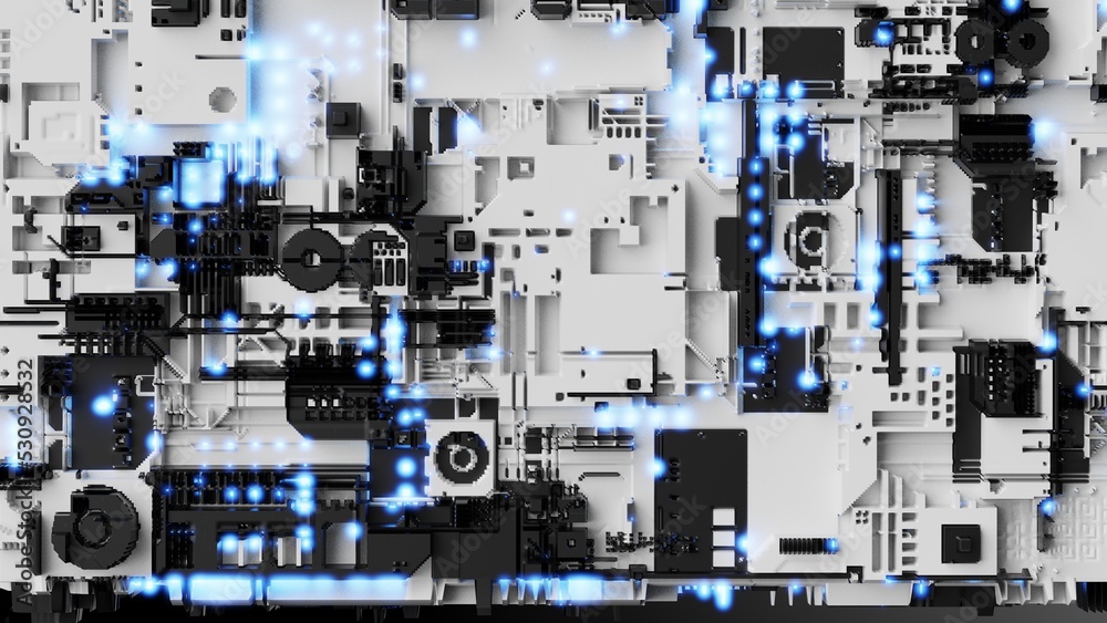 Black-white futuristic circuit technology with blue LED point light ...