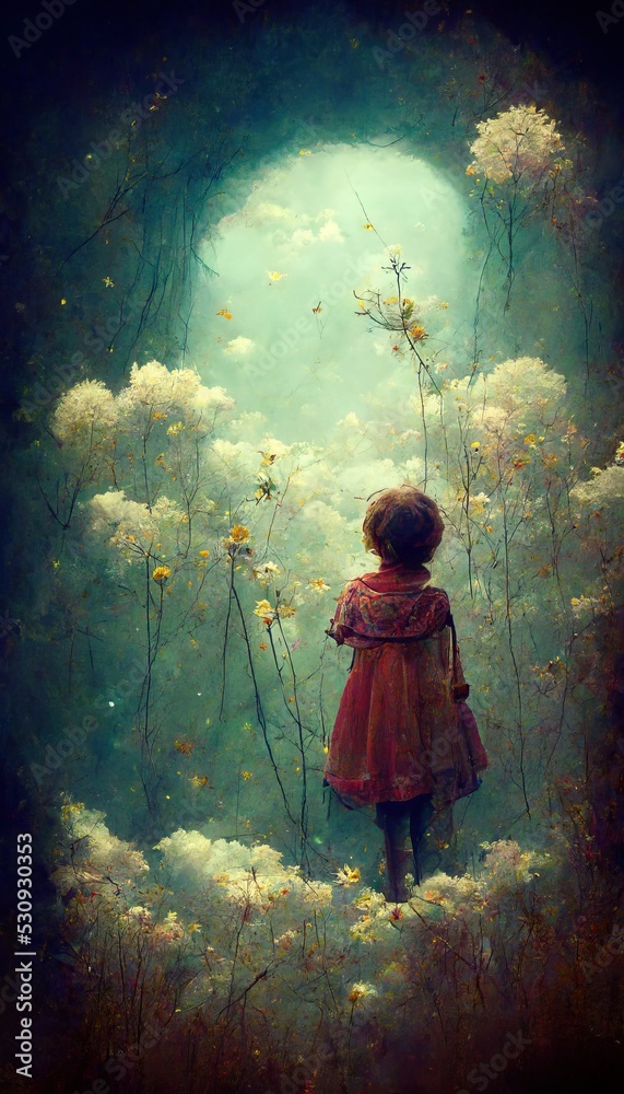Dream of a young child with clouds, balloons and flowers in a fairy ...