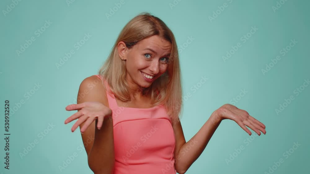 Woman raising hands asking what why reason of failure demonstrating ...