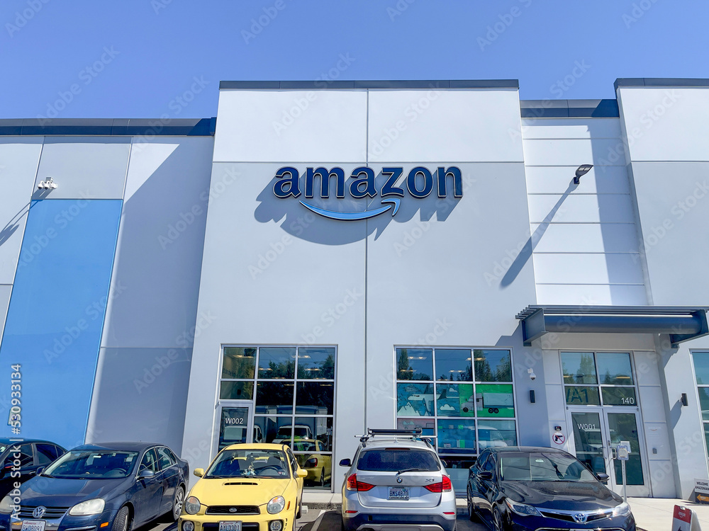 Amazon logo and Smile symbol at their corporate office building with ...