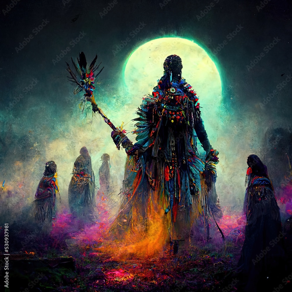 The shaman and his tribe, made with AI Stock Illustration | Adobe Stock
