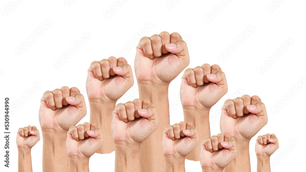 Group of hands showing up as a symbol of victory, success or power ...