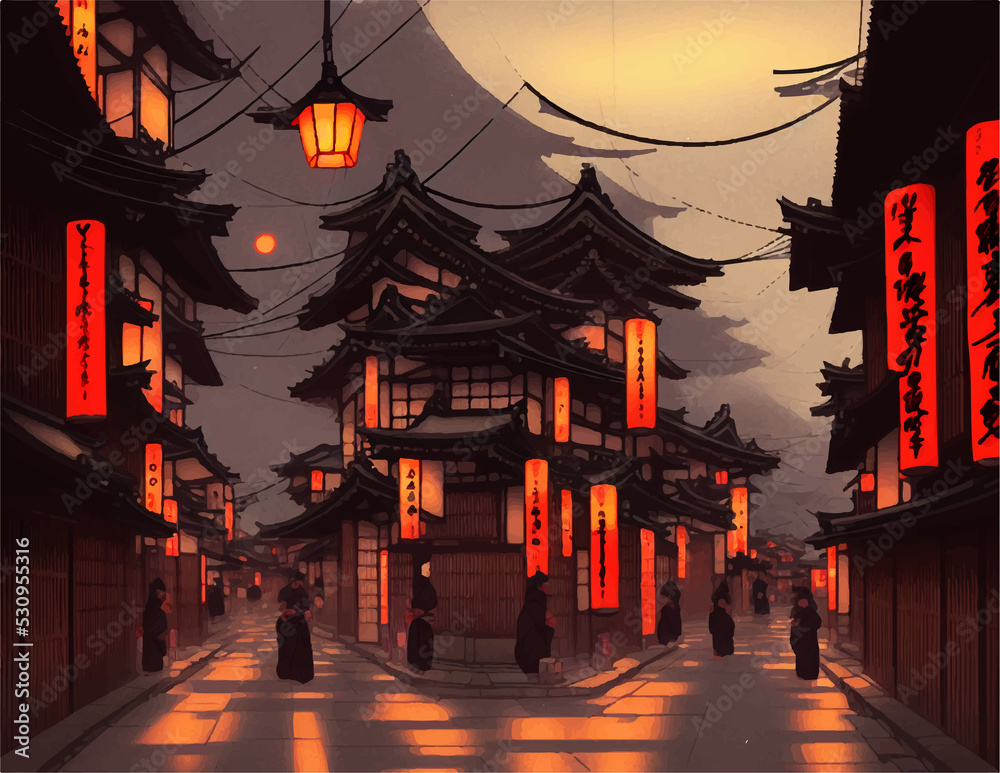 Panorama japanese street with old houses, japanese arch, lanterns and a ...