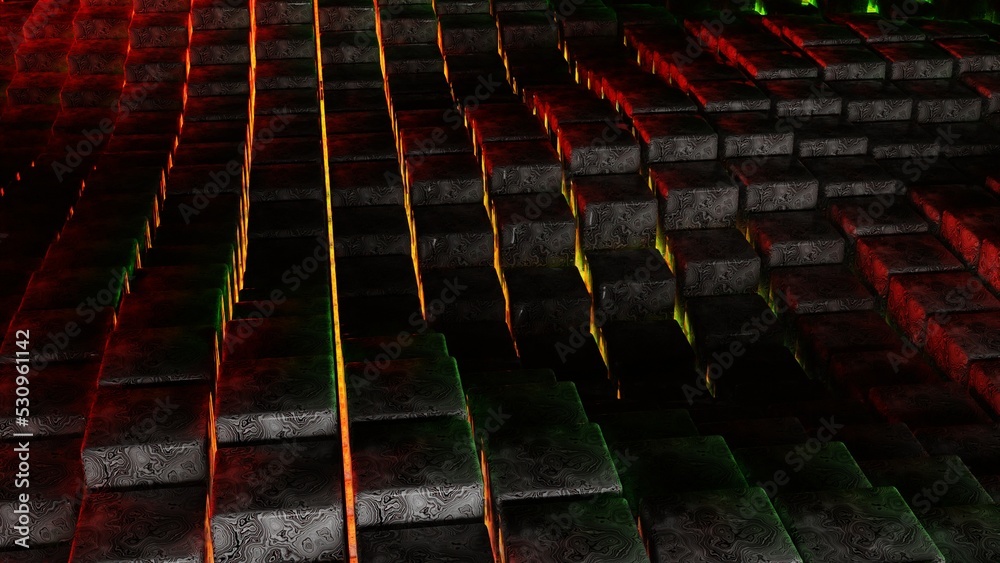 3D rendering. High quality render. Marble black cubes background. Lava ...