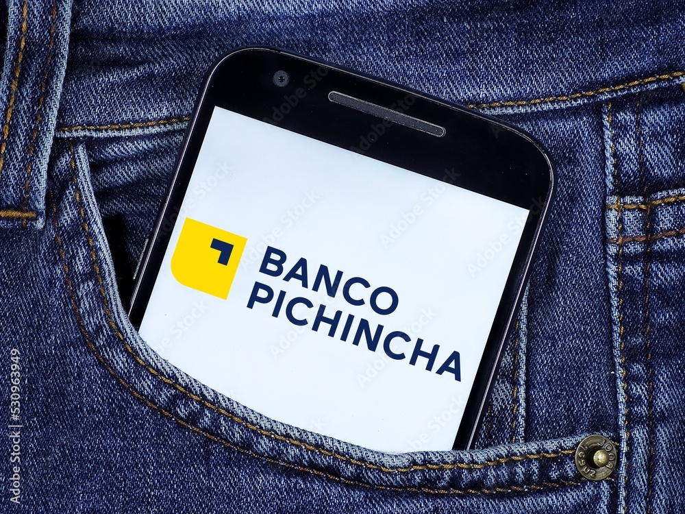 Smartphone with Banco Pichincha logo on the screen. Banco Pichincha is ...