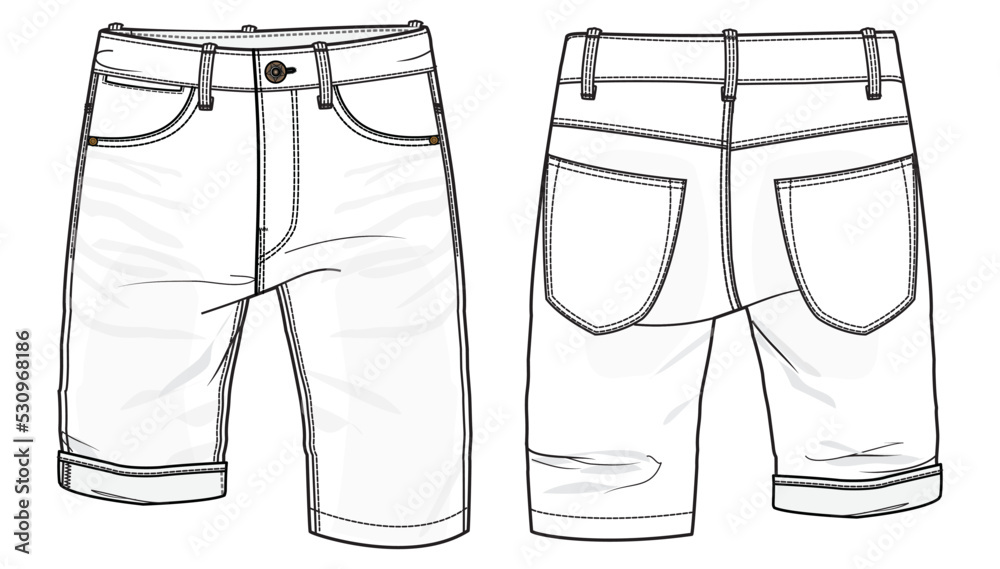 mens denim shorts flat sketch vector illustration front and back view ...