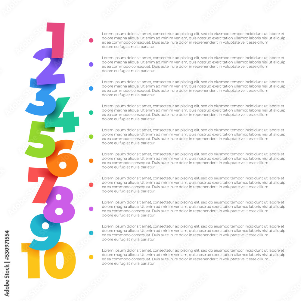 Colorful number steps 1 to 12. Vertical bullet points design ...