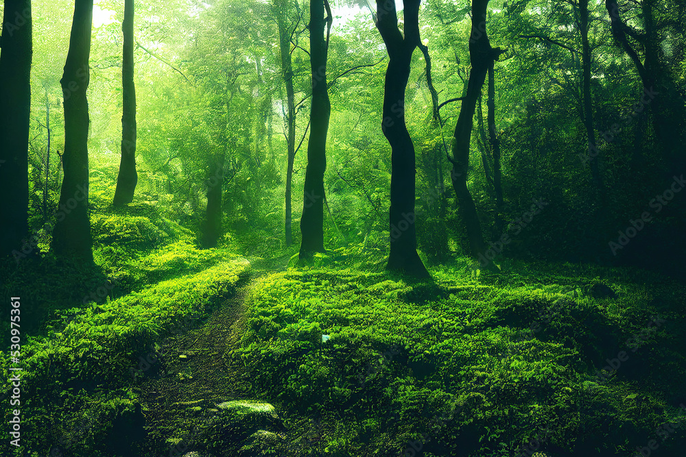 Misty foggy green celtic forest with lush foliage, calm nature organic ...