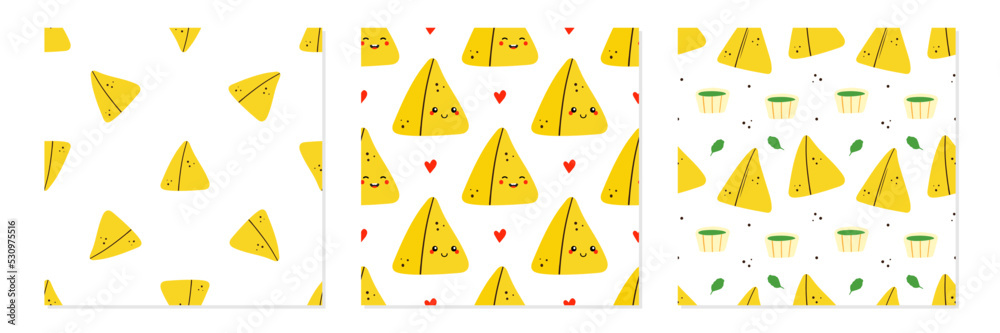 Set, collection of three cute cartoon style vector seamless pattern ...