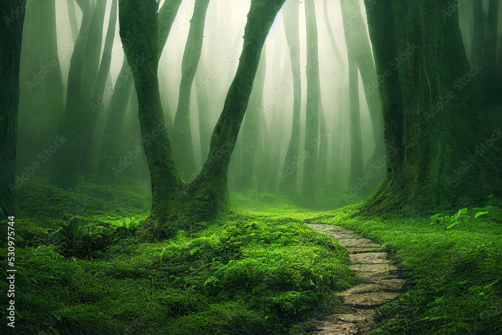 Misty foggy green celtic forest with lush foliage, calm nature organic ...