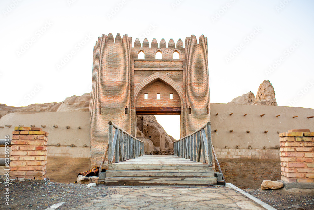 Entrance to the ancient settlement of Sauran, a bridge and a fortress ...
