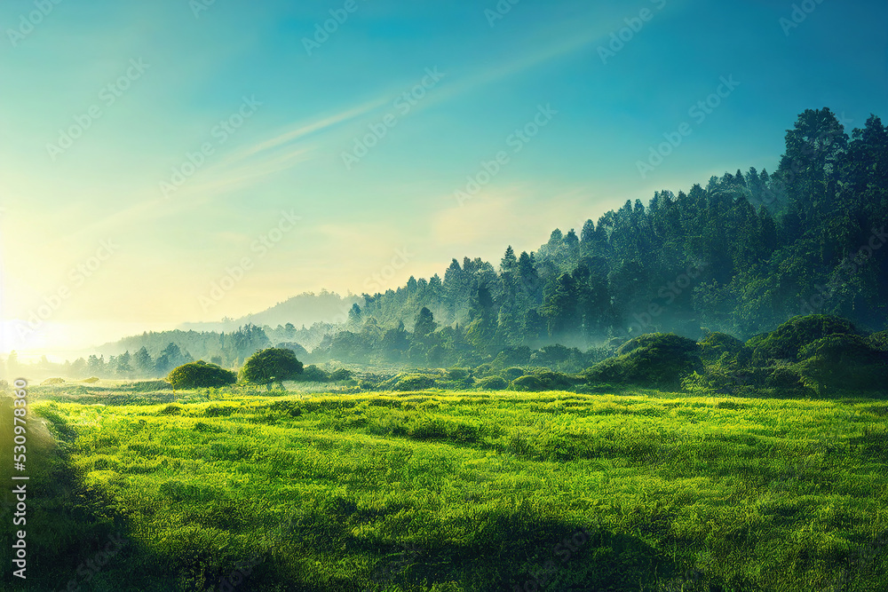 Beautiful morning over the green hills, lush foliage, calm green nature ...