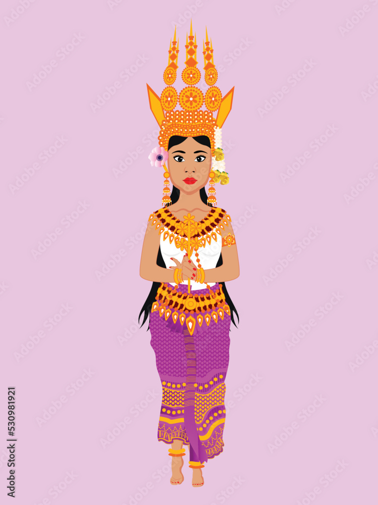 Vertical of an Apsara dancer in traditional Cambodian dress on a pink ...
