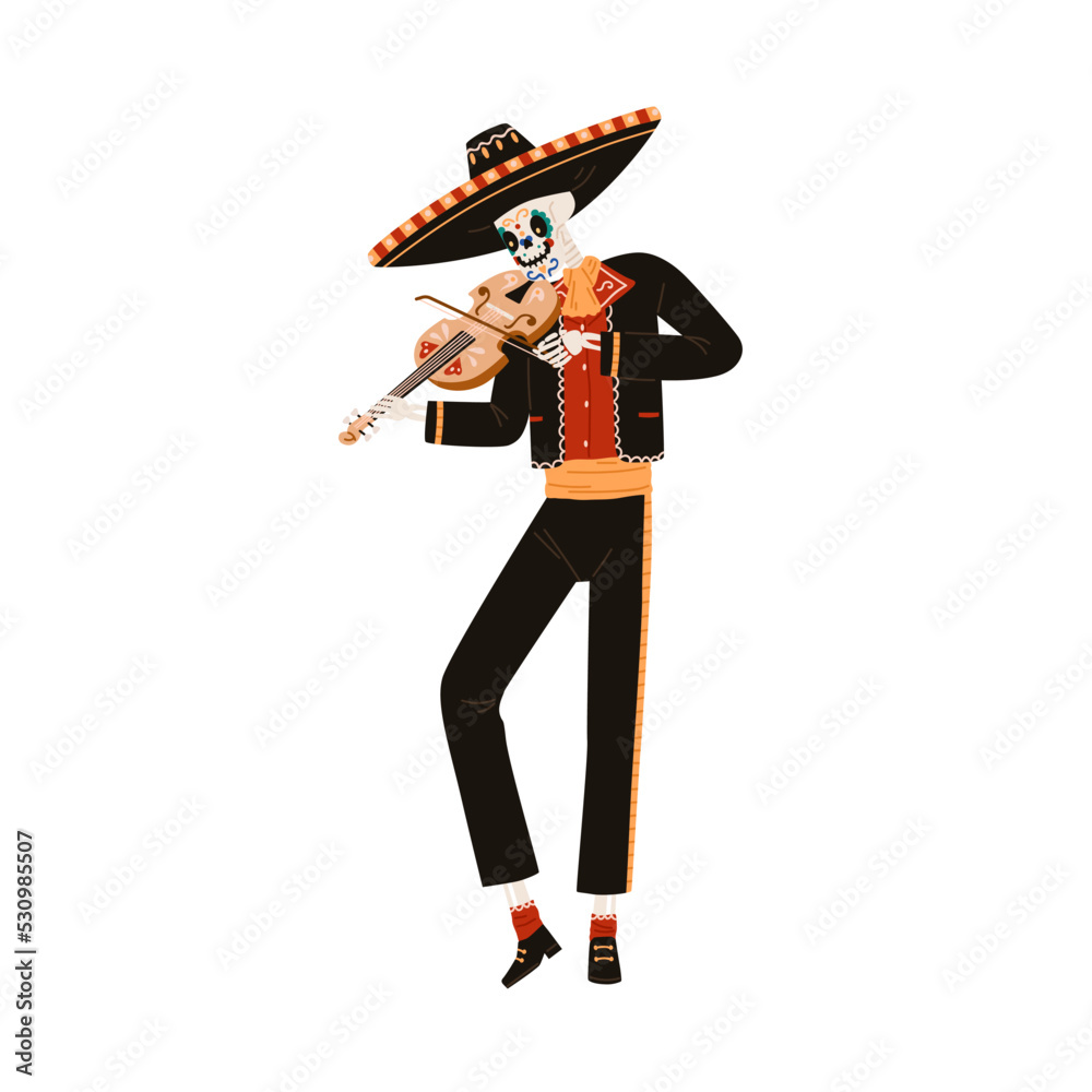 Mexican Mariachi skeleton playing violin. Mexico musician character in ...