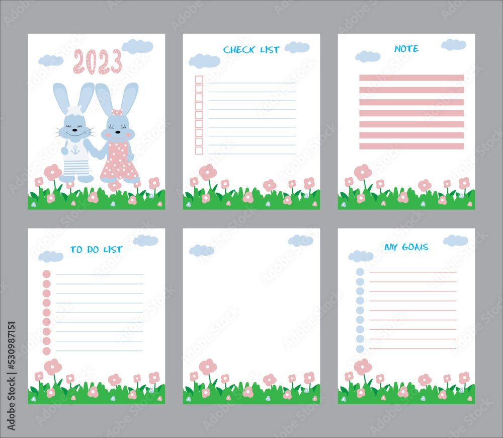 Vector set planner for 2023 with cute rabbits. Set vertical page ...