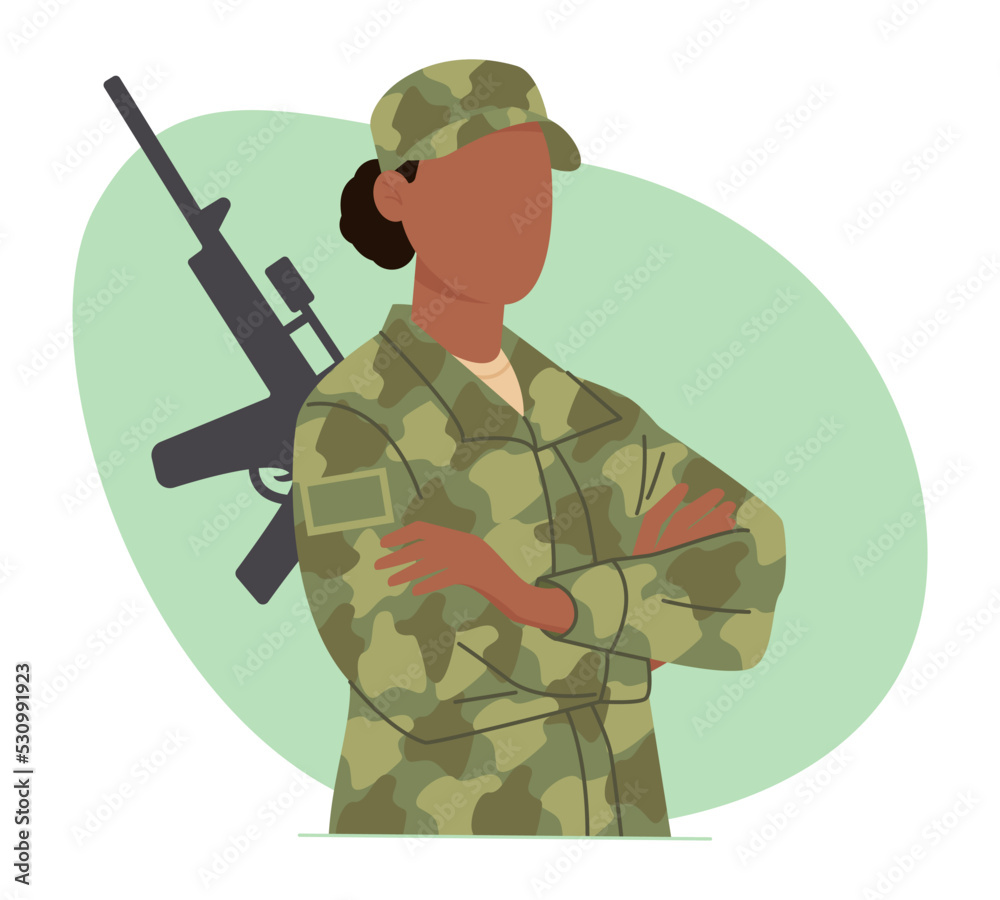 Woman in military clothes on a green background with a weapon. Young ...