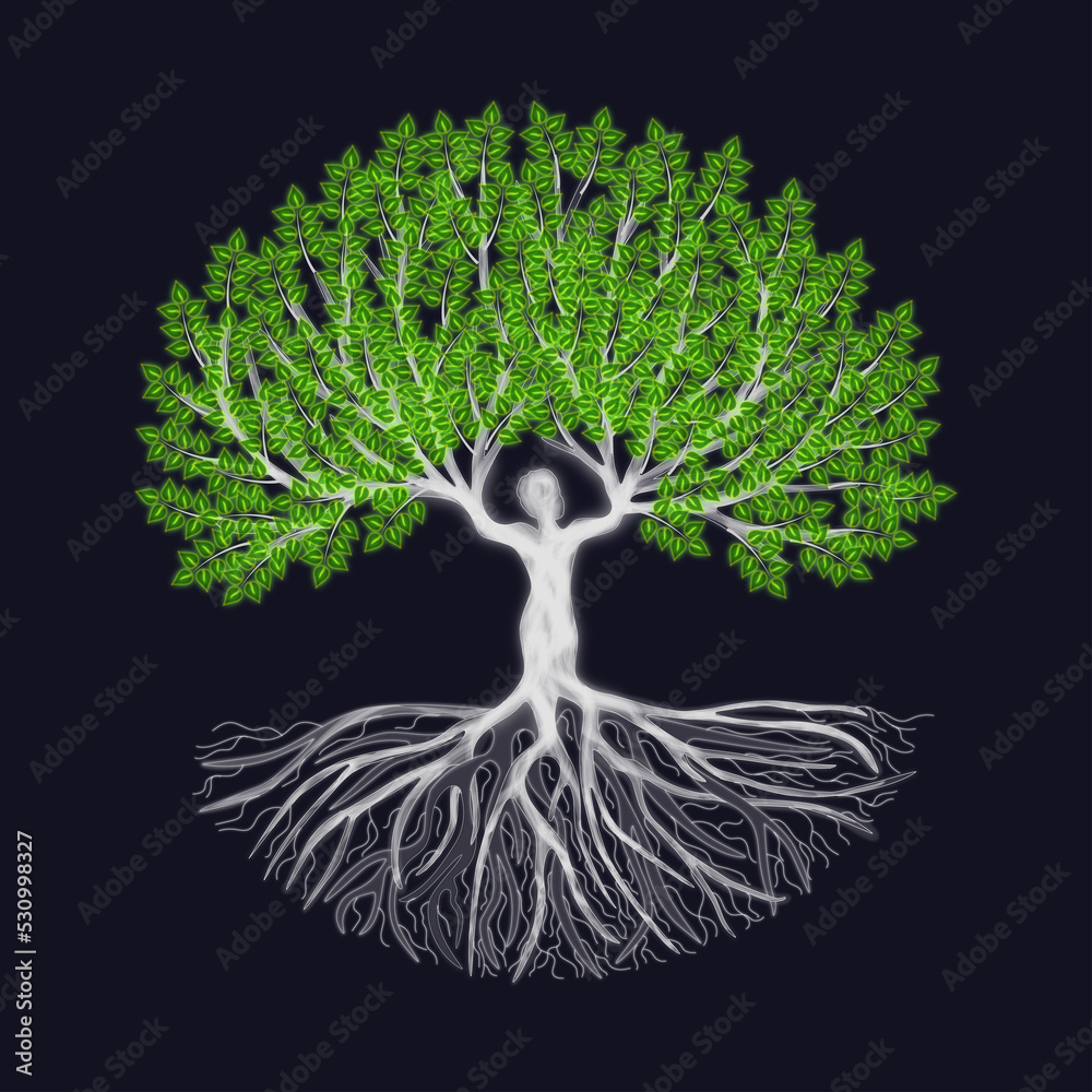 A tree with a trunk in the shape of a human body and green foliage ...