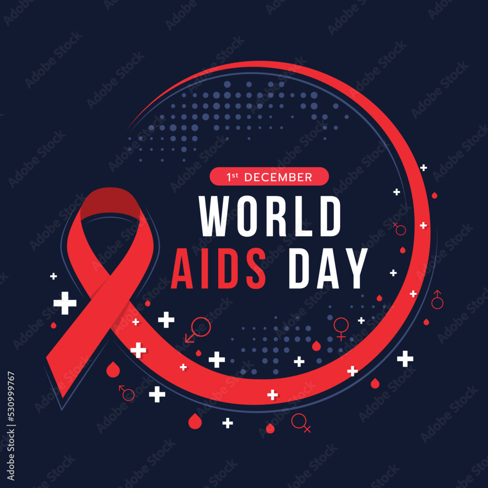 world aids day - red ribbon with circle shape and cross plus sign, blood sign and male female ...