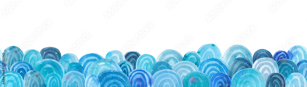 Cute watercolor sea. Seamless pattern. Horizontal border. Blue waves in ...