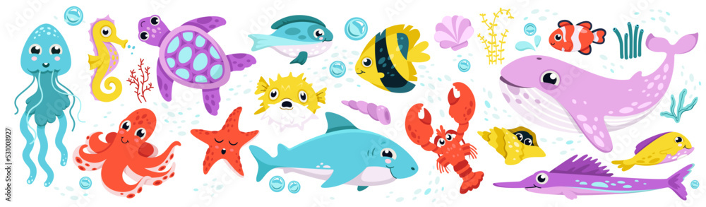 Cute fishes and underwater animals, nature of sea. Cartoon isolated ...