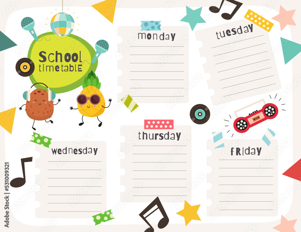 Disco Fruits School Timetable, Lesson Schedule template. Vector ...
