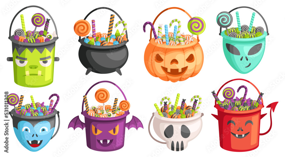 Halloween buckets. Trick or treat bags, pumpkin bucket with candies and ...