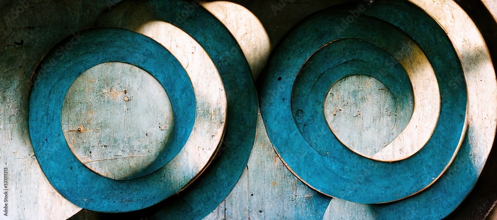 Corrugated steel abstract laser cutout circles, rusty damaged metal ...