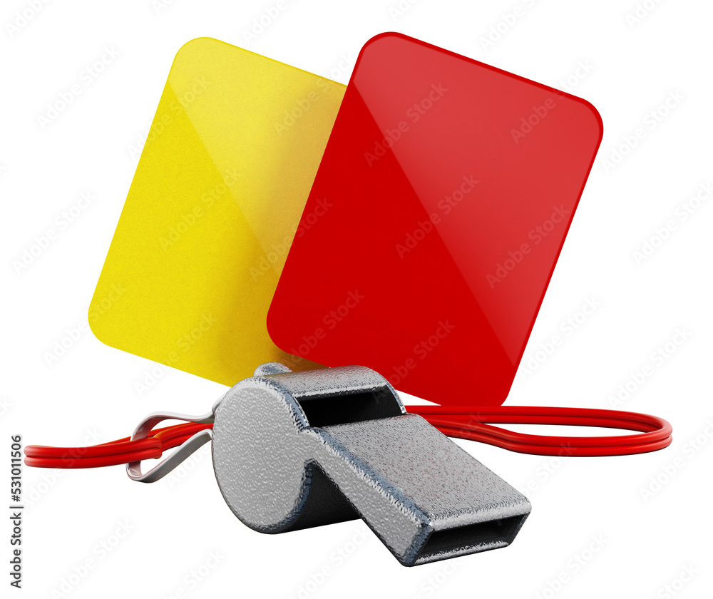 Referee whistle, yellow and red cards. Transparent background. Stock ...