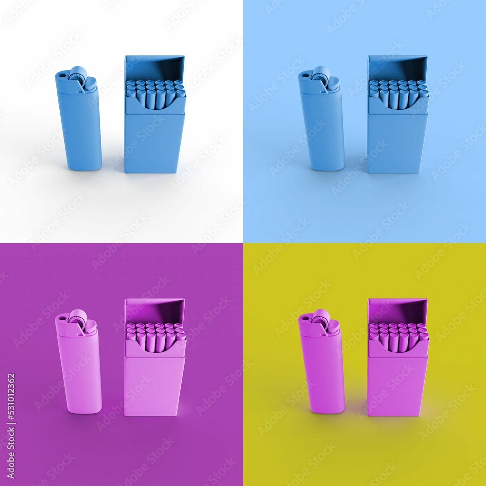 Collage of 3D rendered lighter and cigarette pack in four different ...