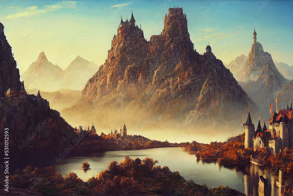 Fantasy landscape with castle in the countryside Stock-Illustration ...